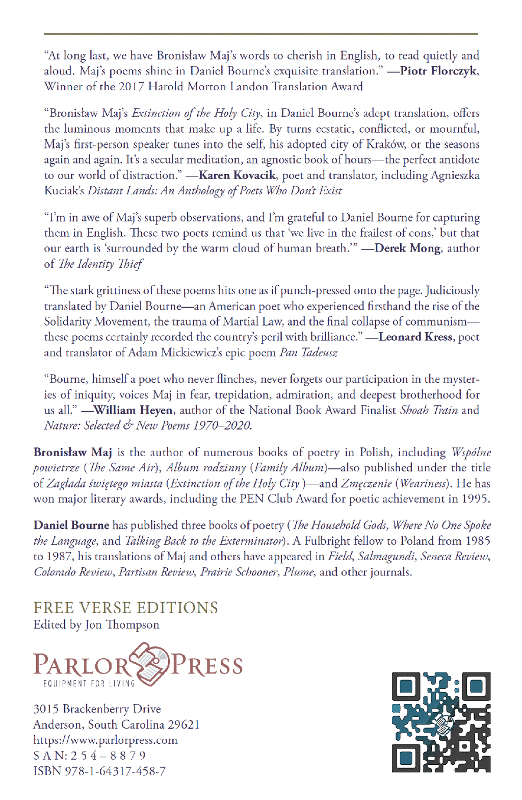 Extinction of the Holy City: Selected Poems by Bronisław Maj – Parlor Press