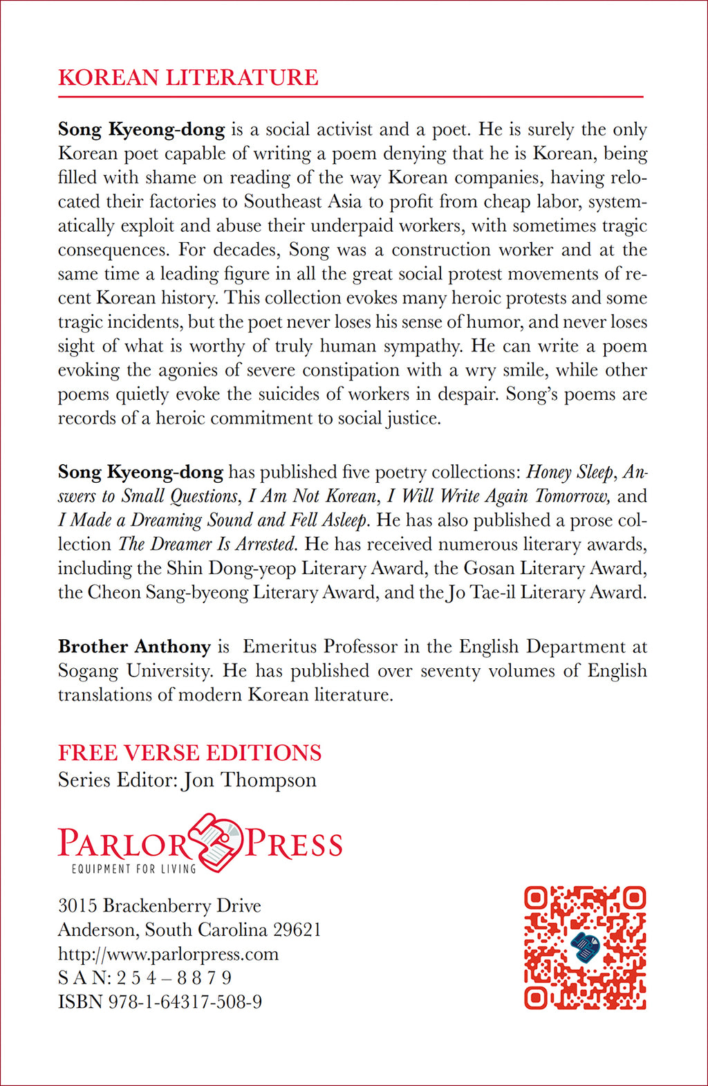 I Am Not Korean by Song Kyeong-dong. FREE VERSE EDITIONS. – Parlor Press